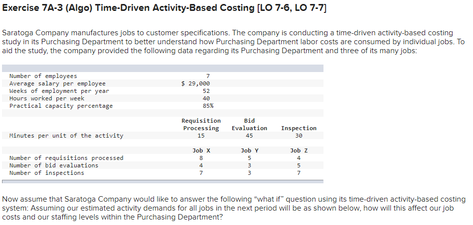 Solved Exercise 7A-3 (Algo) Time-Driven Activity-Based | Chegg.com