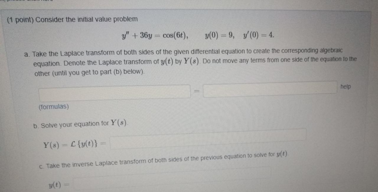 Solved (1 point) Consider the initial value problem Y" + 36y | Chegg.com