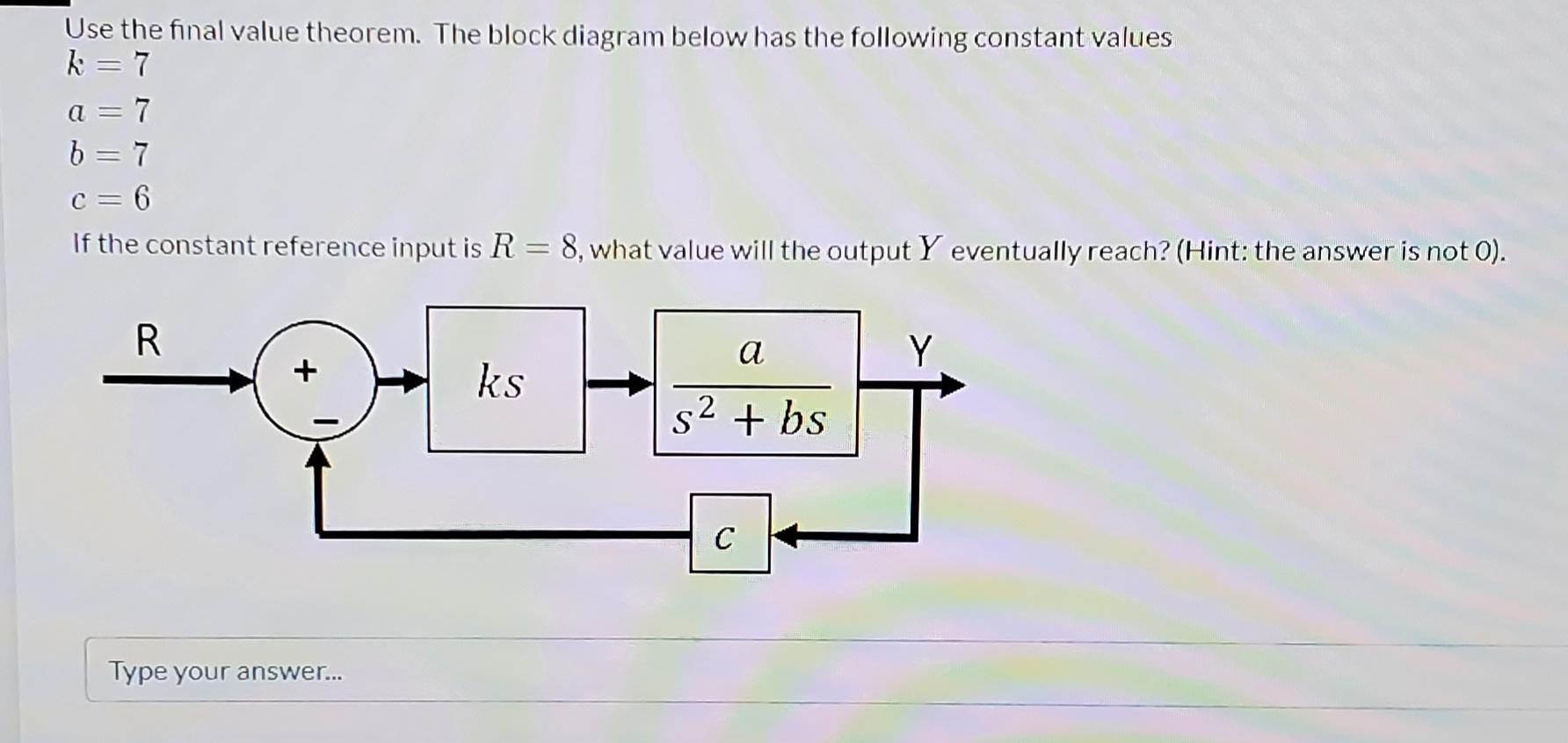 Solved Use the final value theorem. The block diagram below | Chegg.com