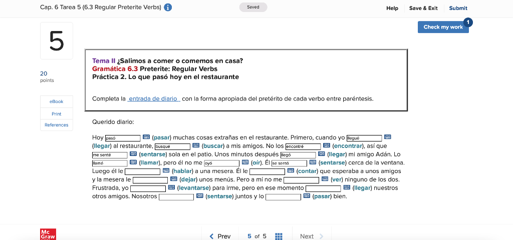 Cap. 6 Tarea 5 (6.3 Regular Preterite Verbs) 0 Seved | Chegg.com