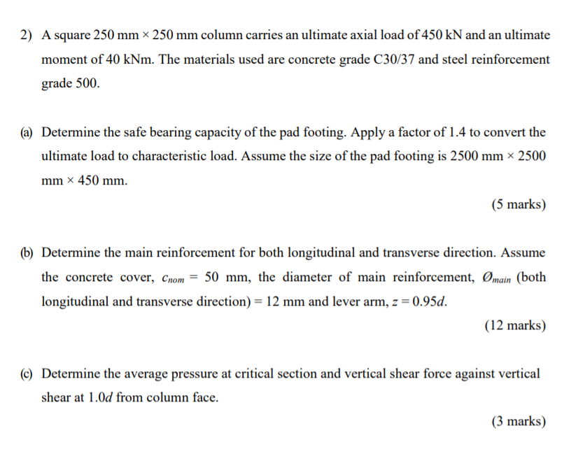 Solved 2) A square 250 mm x 250 mm column carries an | Chegg.com
