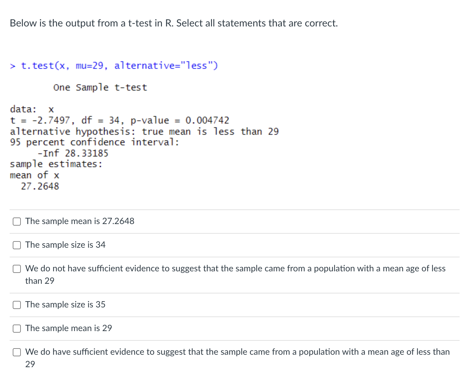 Solved Below is the output from a t-test in R. Select all | Chegg.com