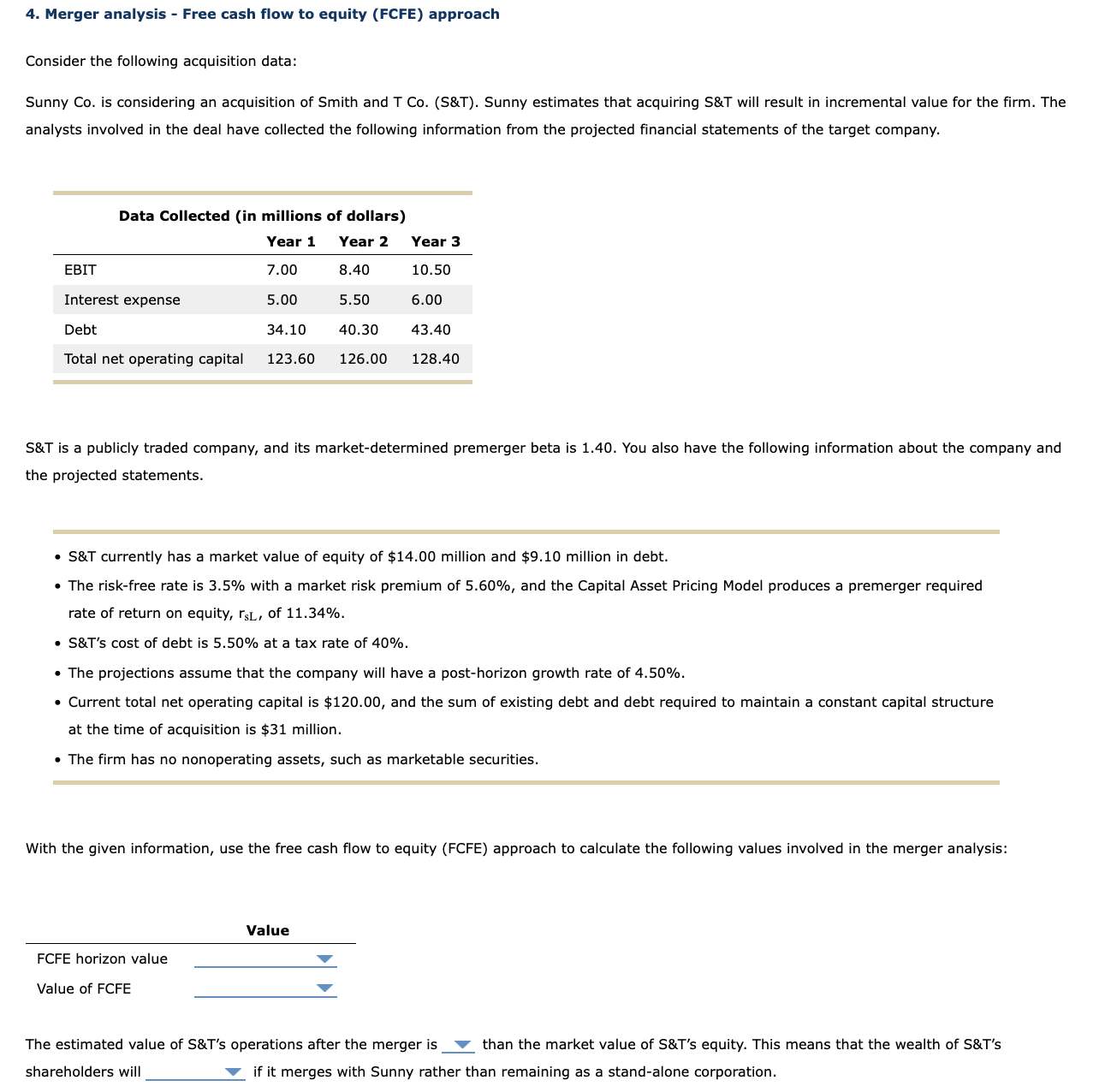 Merger analysis - ﻿Free cash flow to equity (FCFE) | Chegg.com