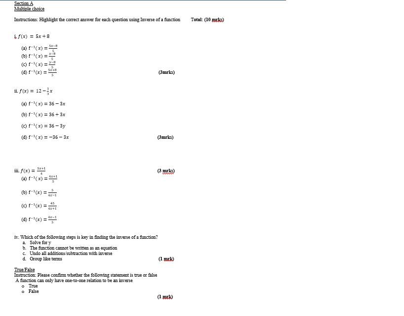 Solved Section A Multiple choice Instructions: Highlight the | Chegg.com