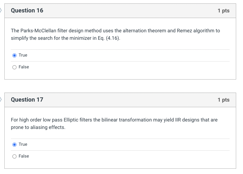 Solved Question 16 1 pts The Parks-McClellan filter design | Chegg.com