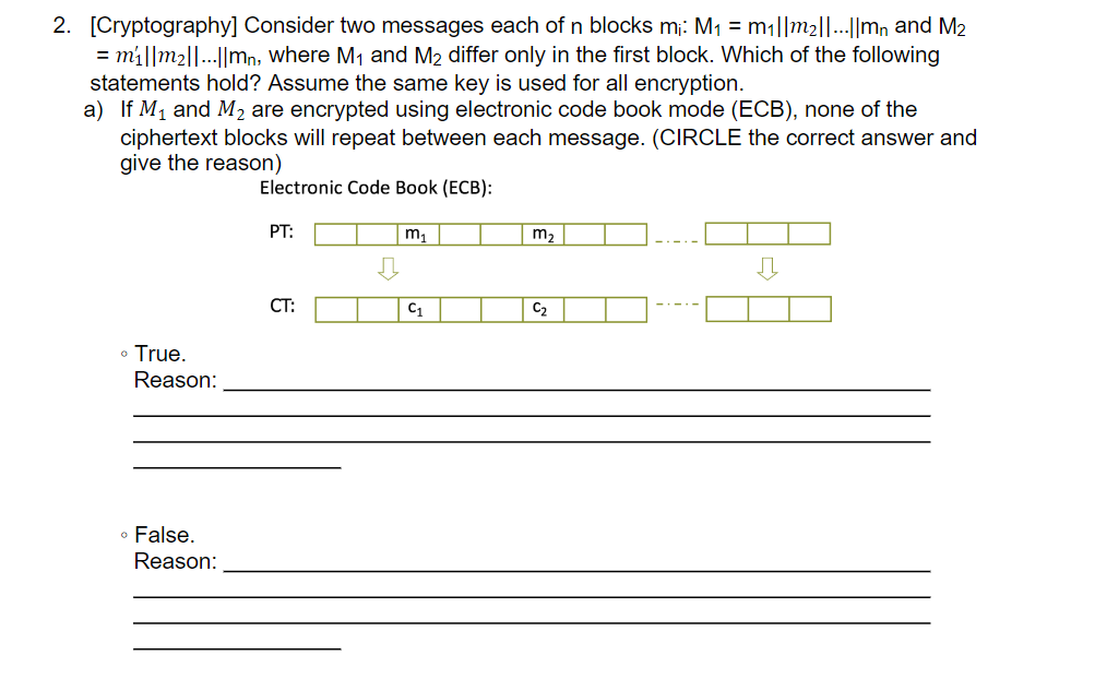 Solved [Cryptography] Consider two messages each of n blocks | Chegg.com