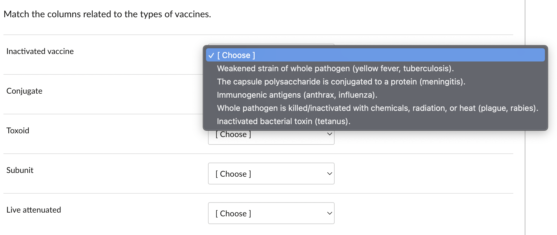 Solved Match the columns related to the types of vaccines. | Chegg.com