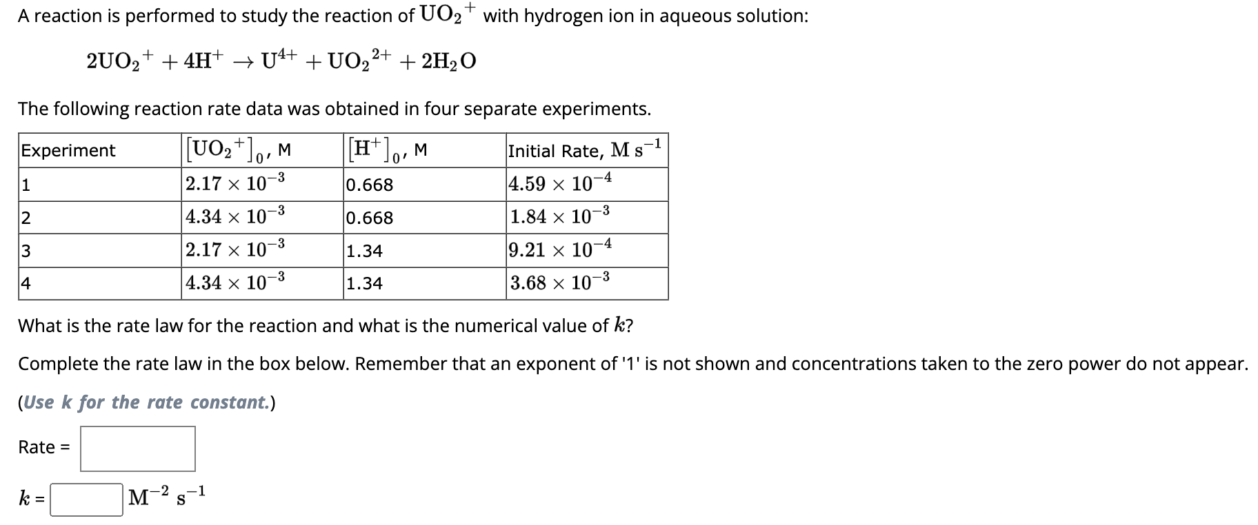 Solved 2UO2++4H+→U4++UO22++2H2O The following reaction rate | Chegg.com