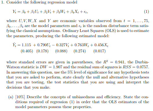 Solved 1. Consider the following regression model | Chegg.com