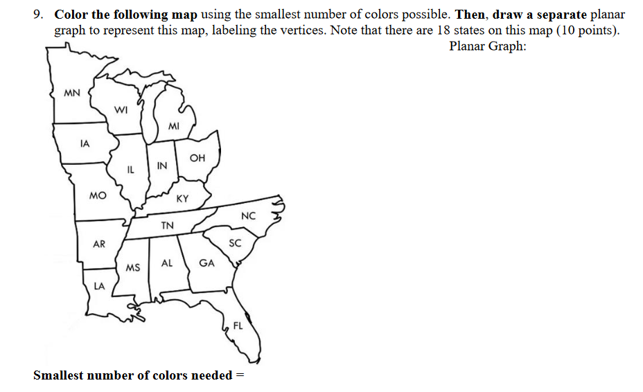 9. Color the following map using the smallest number | Chegg.com