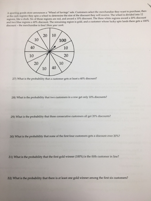 Solved a sporting goods store announces a "Wheel of Savings" | Chegg.com