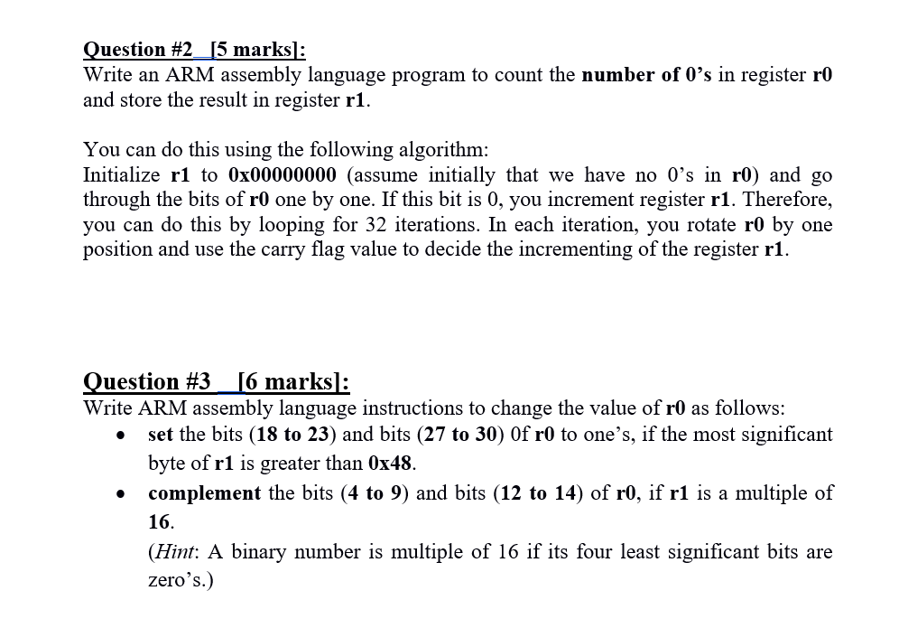Solved Question #2_[5 marks]: Write an ARM assembly language | Chegg.com