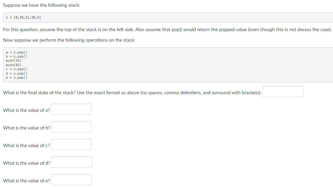 Solved Suppose we have the following stack: s = | Chegg.com