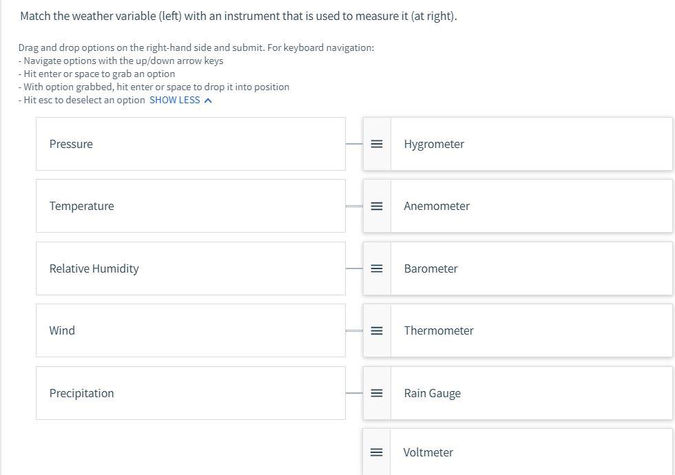 Solved Match the weather variable (left) with an instrument | Chegg.com