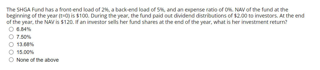 Solved The SHGA Fund has a front-end load of 2\%, a back-end | Chegg.com
