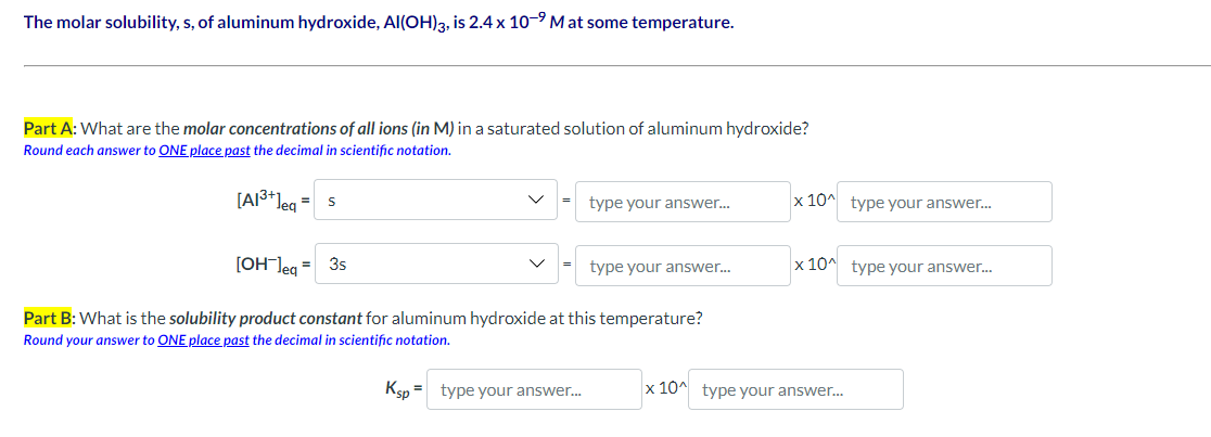 Solved The molar solubility, s, of aluminum hydroxide, | Chegg.com
