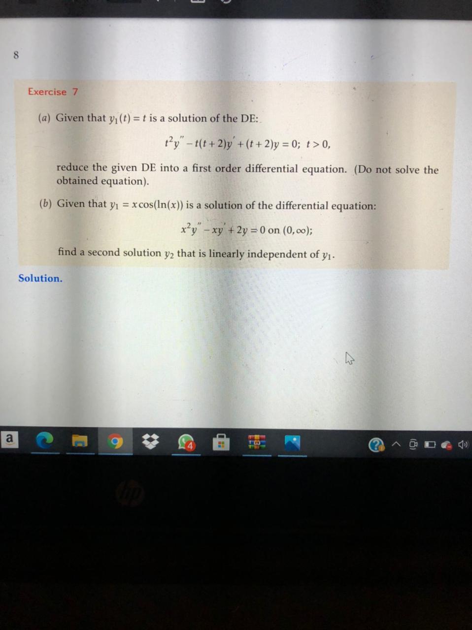 Solved (a) Given that y1(t) = t is a solution of the DE: t 2 | Chegg.com