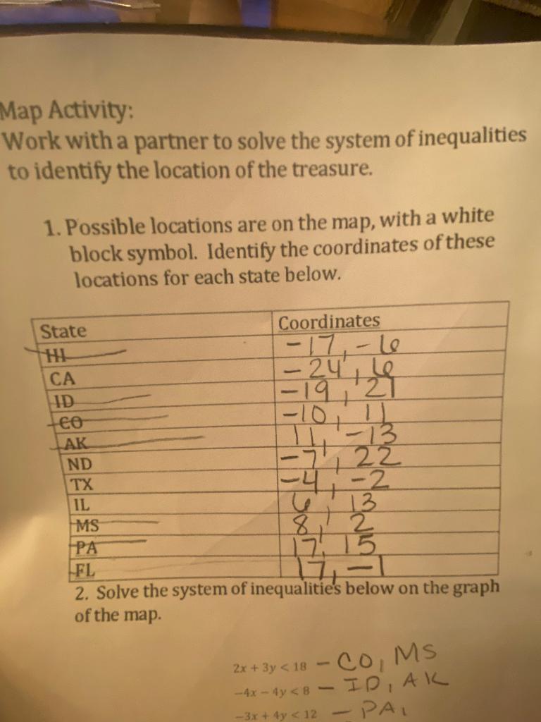 Map Activity: Work with a partner to solve the system | Chegg.com