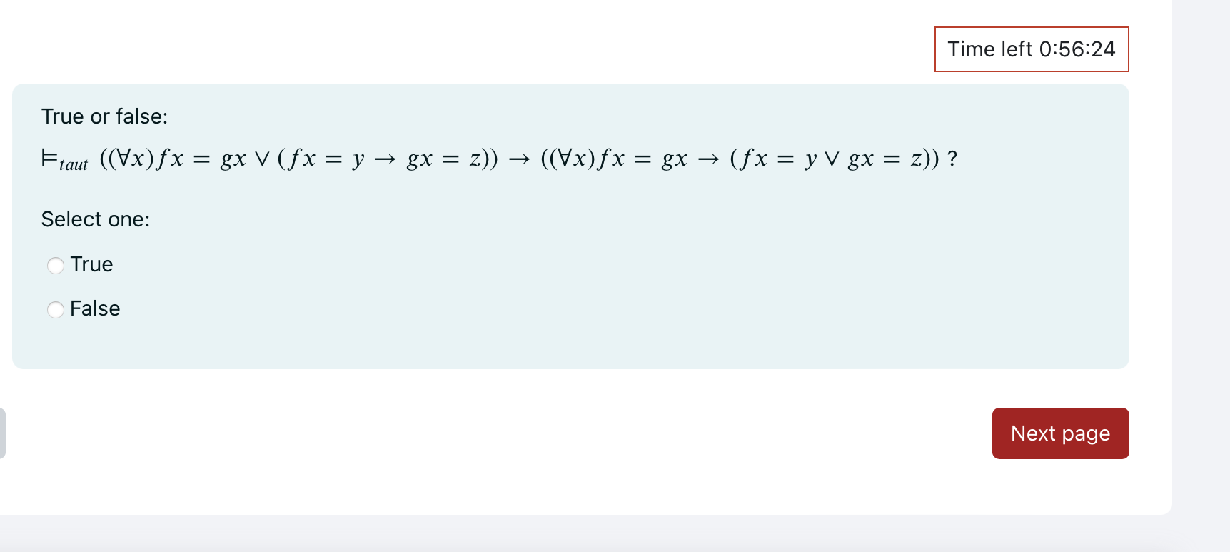 Solved URGENTTime left 0:56:24True or | Chegg.com