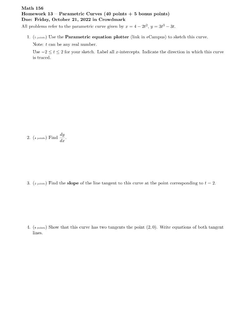 Solved Math 156 Homework 13 - Parametric Curves ( 40 points | Chegg.com
