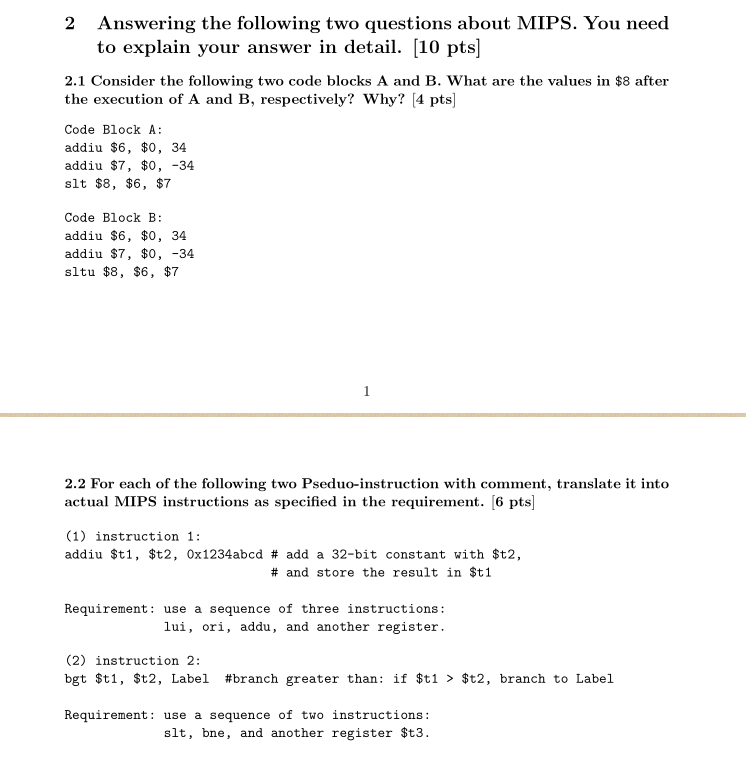 Solved 2 Answering the following two questions about MIPS. | Chegg.com