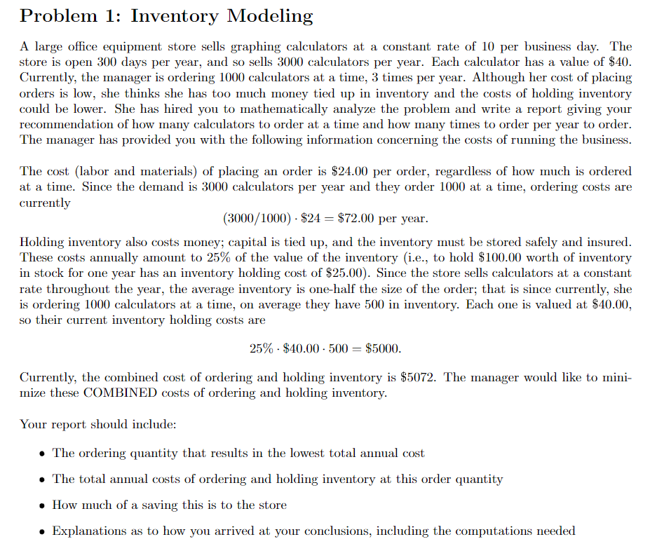 Solved Problem 1: Inventory Modeling A large office | Chegg.com