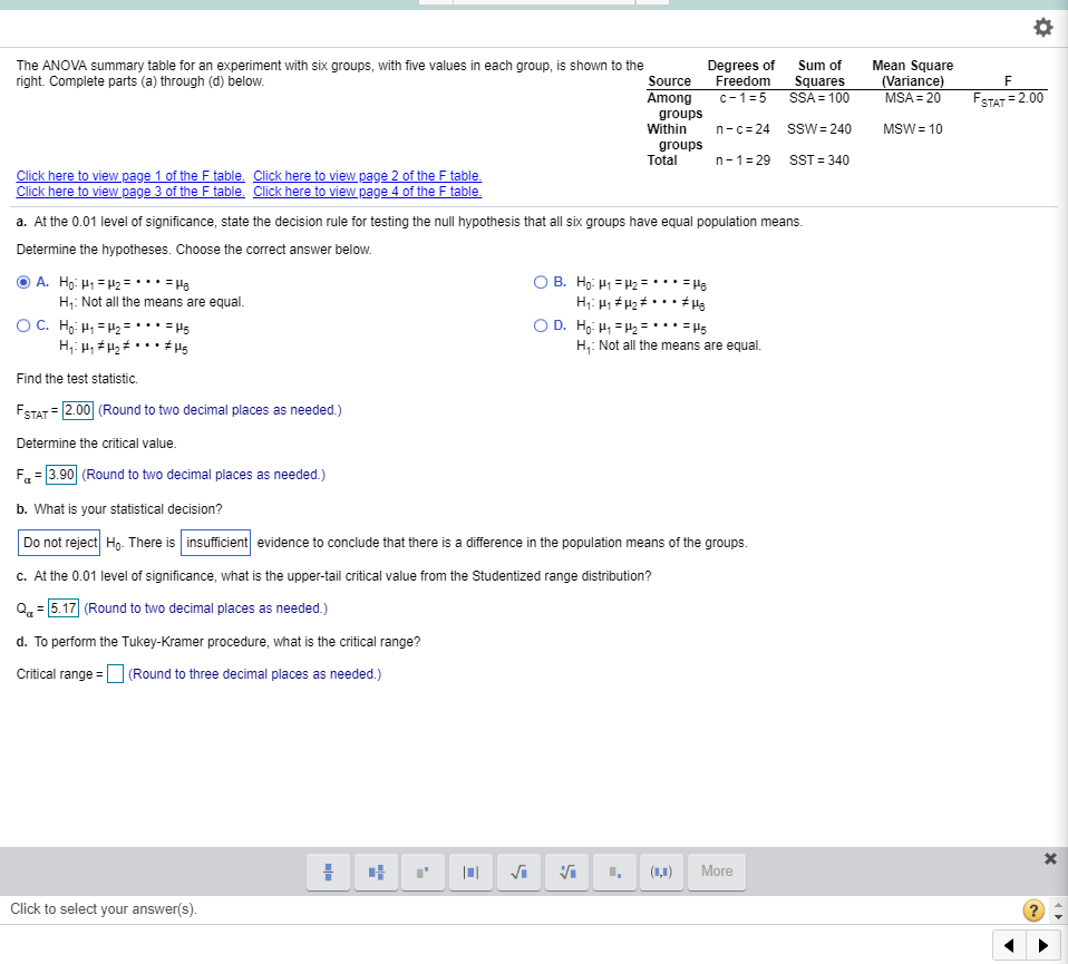 Solved The ANOVA summary table for an experiment with six | Chegg.com