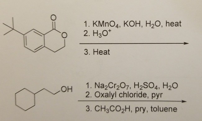 Solved 1. KMnO4, KOH, H2O, heat 3. Heat 1. Na2Cr207, H2SO4, | Chegg.com