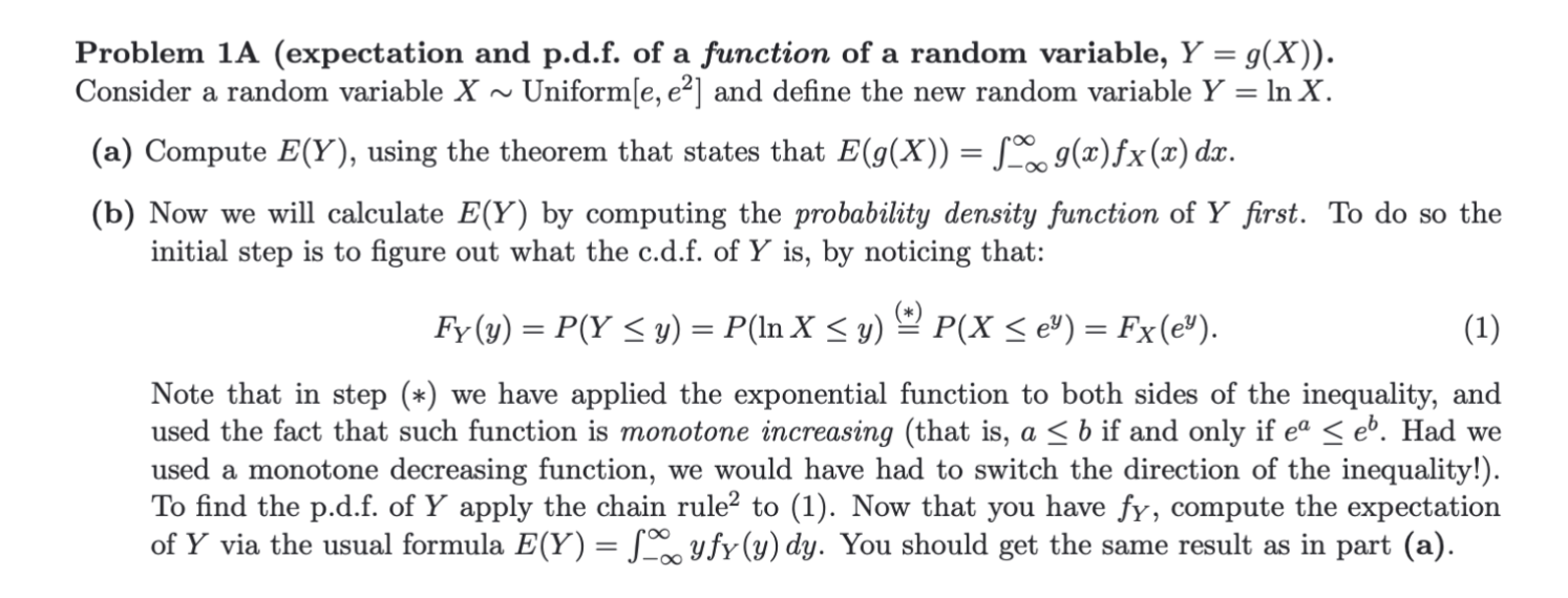 Solved Problem 1A (expectation and p.d.f. of a function of a | Chegg.com