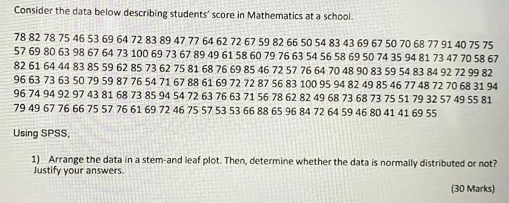Solved Consider the data below describing students' score in | Chegg.com