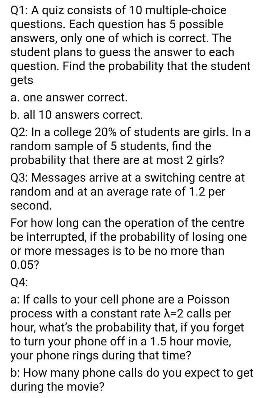 Solved Q1: A quiz consists of 10 multiple-choice questions. | Chegg.com