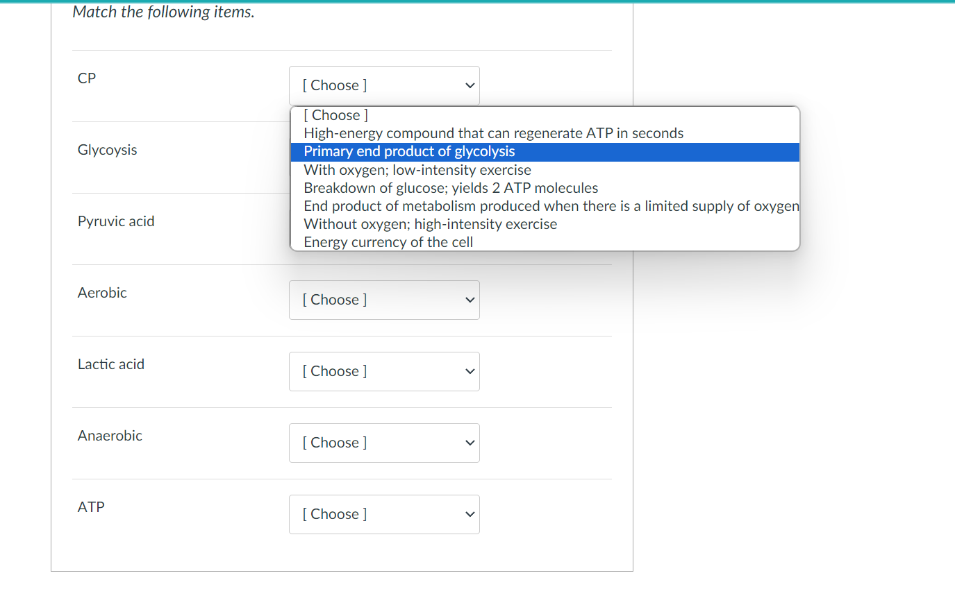 Solved Match the following items. CP Glycoysis Pyruvic acid | Chegg.com