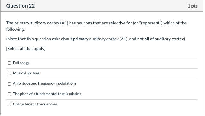 Solved Question 22 1 pts The primary auditory cortex (A1) | Chegg.com