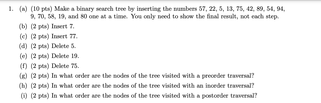 Solved 1. (a) (10 pts) Make a binary search tree by | Chegg.com