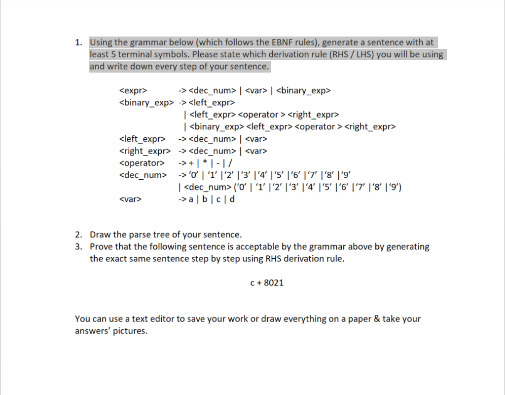 Solved 1. Using the grammar below (which follows the EBNF | Chegg.com