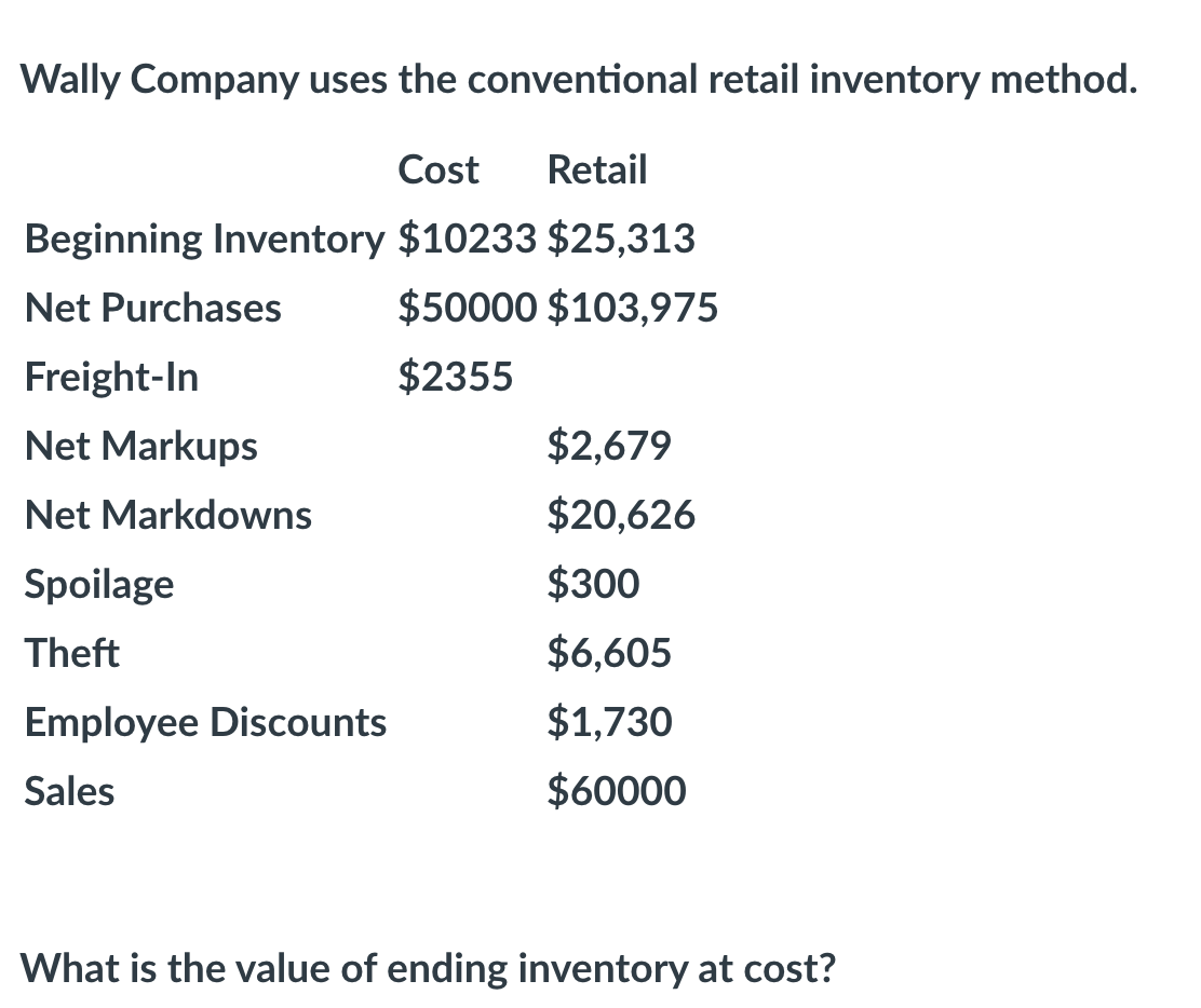 Solved Wally Company uses the conventional retail inventory | Chegg.com