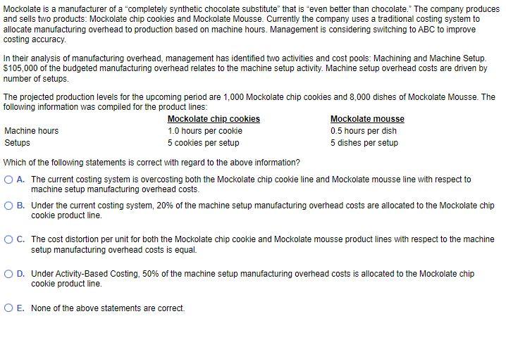 Solved Mockolate is a manufacturer of a "completely | Chegg.com