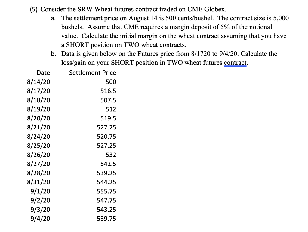 Solved (5) Consider the SRW Wheat futures contract traded on | Chegg.com