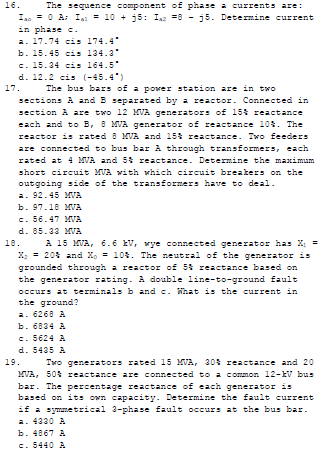 Solved 16. The sequence corponent of phase a currents are: | Chegg.com