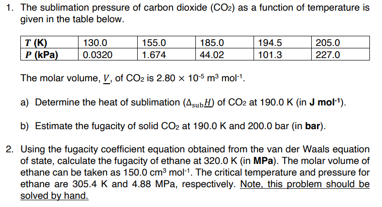 Solved The sublimation pressure of carbon dioxide (CO2) as a | Chegg.com