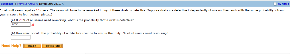 Solved 012 points | Previous Answers DevoreStat9 2 E.077 My | Chegg.com