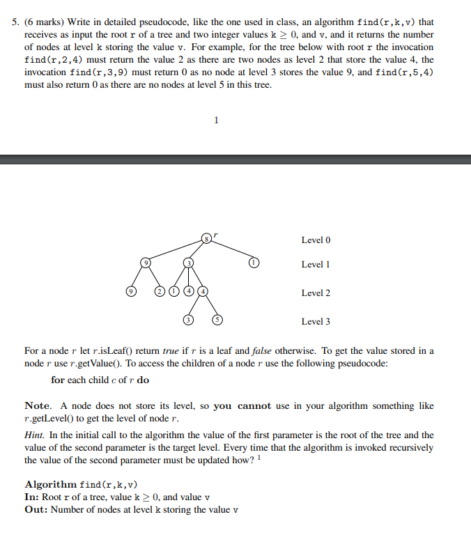 Solved 5. (6 marks) Write in detailed pseudocode, like the | Chegg.com