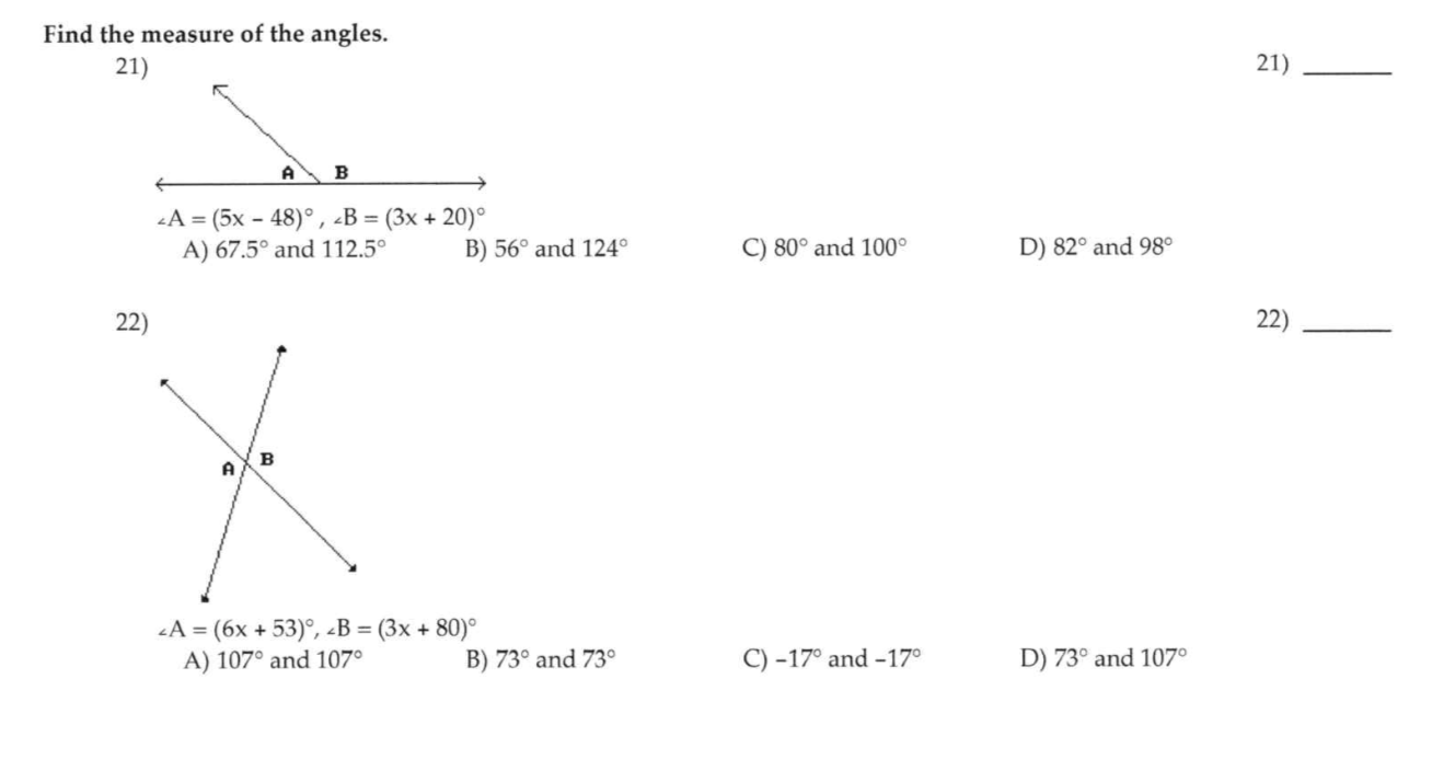 Solved Find the measure of the angles. 21) 21) A B -A = (5x | Chegg.com