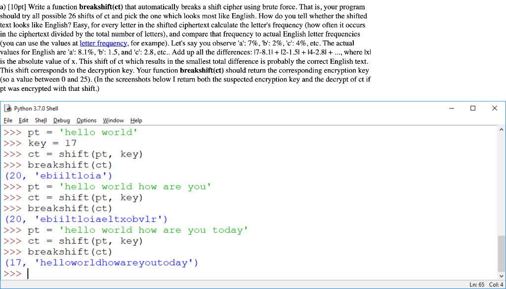 PYTHON Write a function breakshift(ct) | Chegg.com