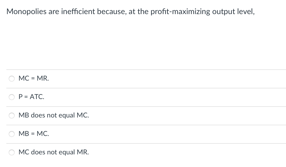 Solved Monopolies are inefficient because, at the | Chegg.com