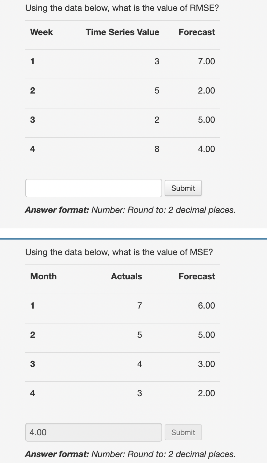Solved Using the data below, what is the value of RMSE? | Chegg.com