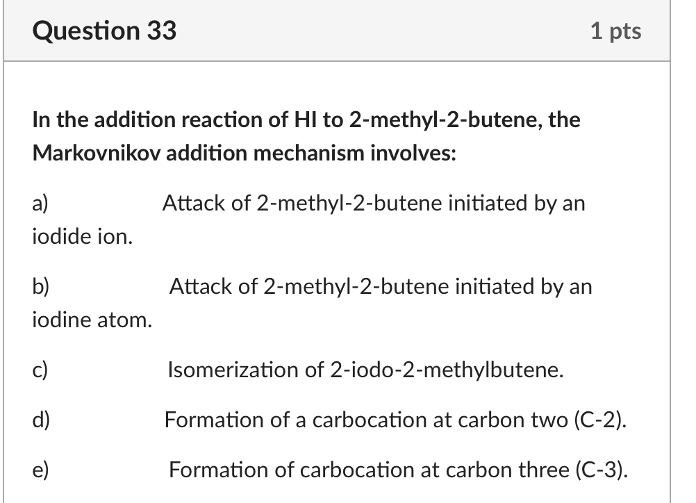 Solved In the addition reaction of HI to 2-methyl-2-butene, | Chegg.com
