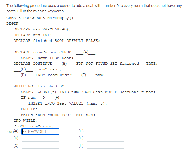 Solved The following procedure uses a cursor to add a seat | Chegg.com