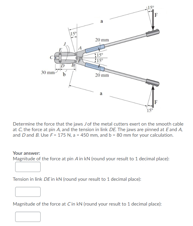 Solved 20 mm 30 mm 1 20 mm Determine the force that the jaws | Chegg.com