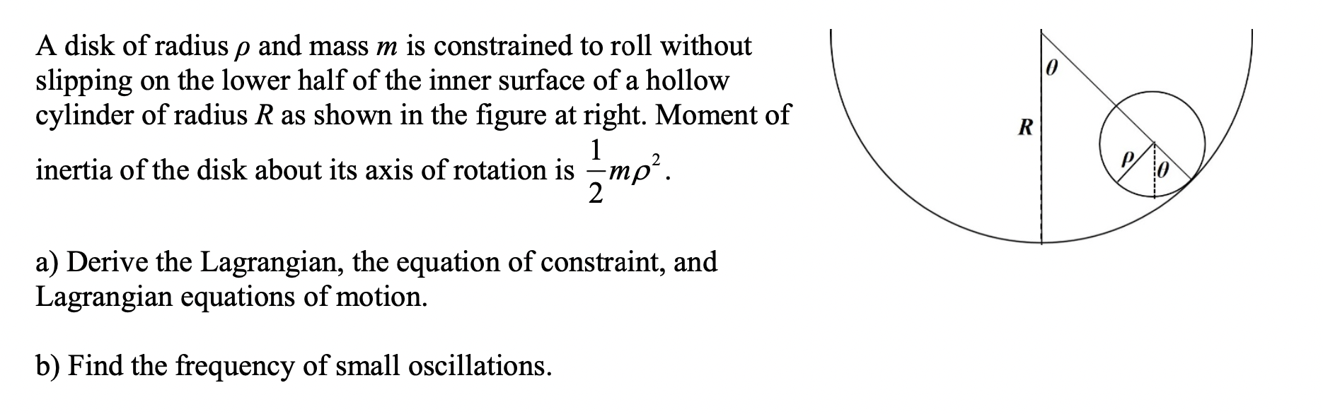A disk of radius ρ and mass m is constrained to roll | Chegg.com